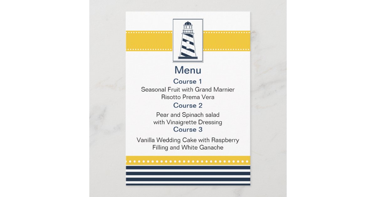 navy stripes,lighthouse, nautical menu cards | Zazzle