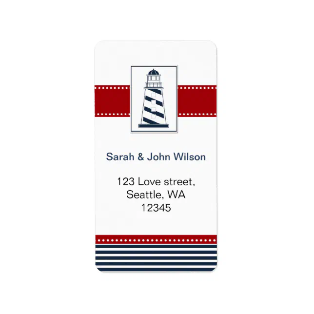 navy stripes,lighthouse, nautical wedding labels | Zazzle