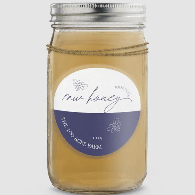 Navy & White Modern Apiary Raw Honey Classic Round Sticker | Zazzle
