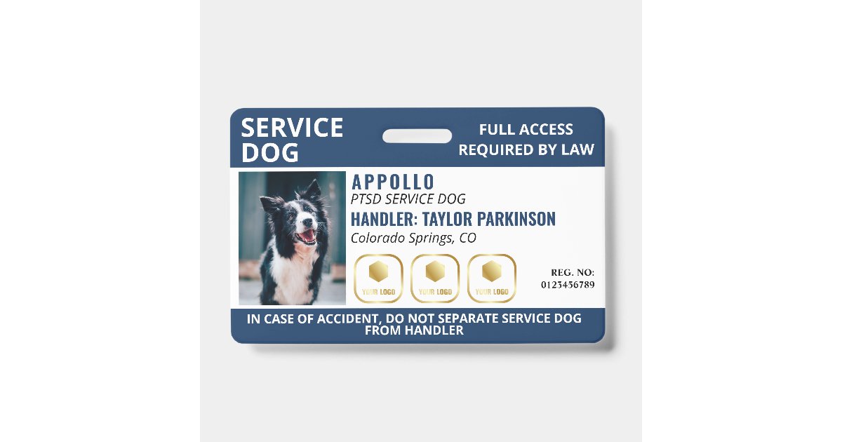 Navy White Service Dog 3 Logo & Photo ID Badge | Zazzle
