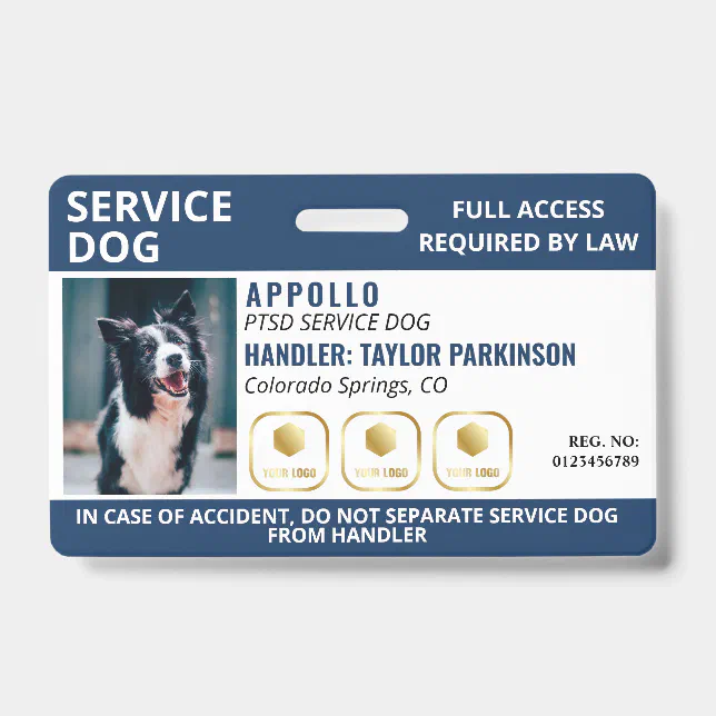 Navy White Service Dog 3 Logo & Photo ID Badge | Zazzle