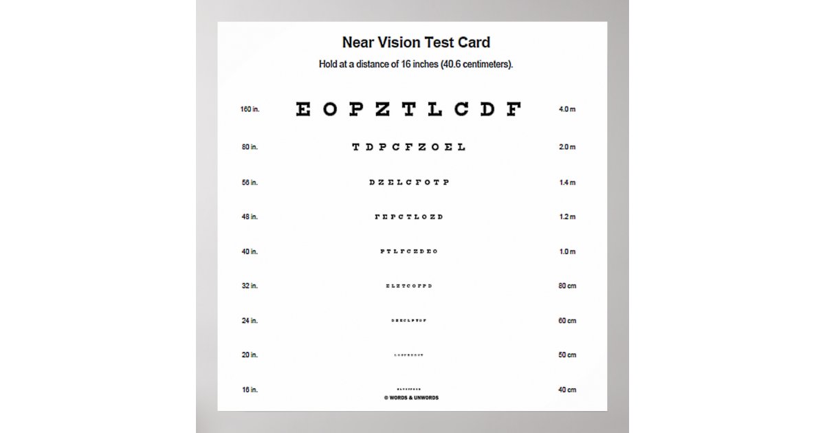 Near Vision Test Card Visual Acuity Exam Poster | Zazzle