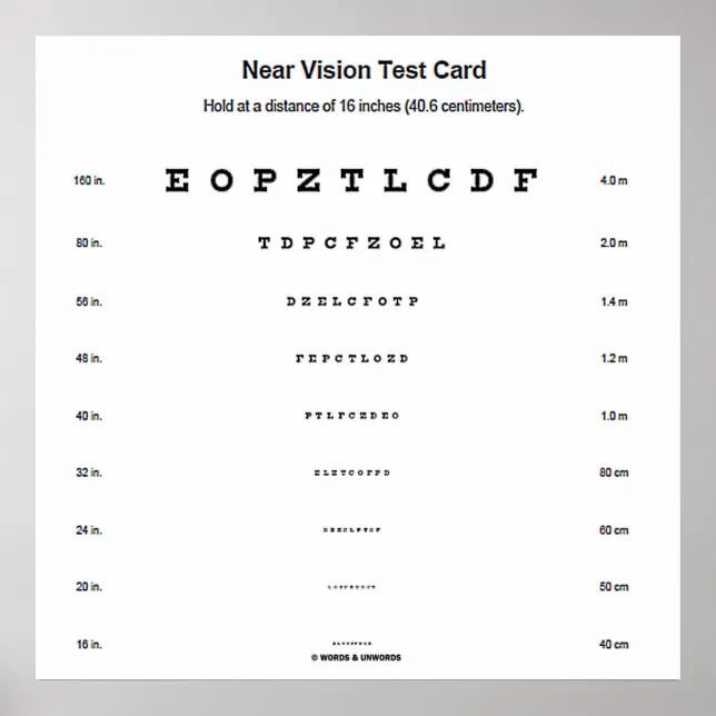 Near Vision Test Card Visual Acuity Exam Poster | Zazzle