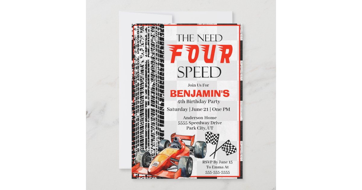 Need Four Speed 4th Birthday Invitation | Zazzle