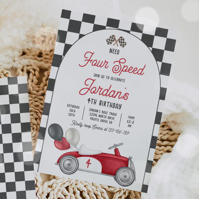 Need Four Speed Red Race Car 4th Birthday Party Invitation | Zazzle