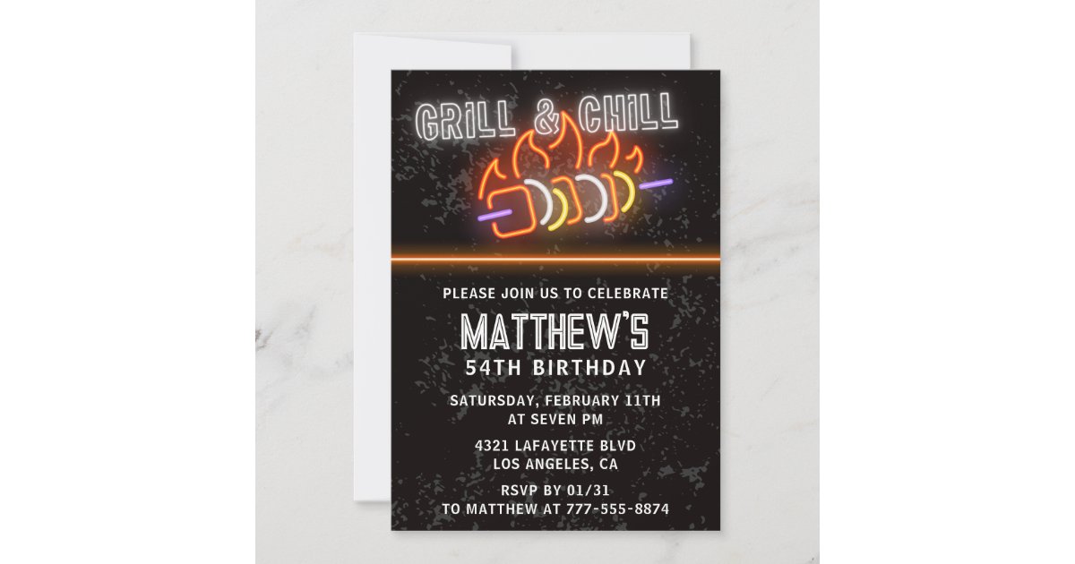Neon Black Bbq Grill and Chill 54th birthday Invitation | Zazzle