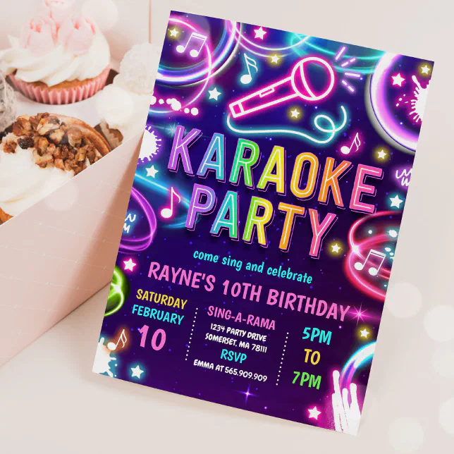 Neon Glow Karaoke Singing Music Birthday Party Invitation | Zazzle
