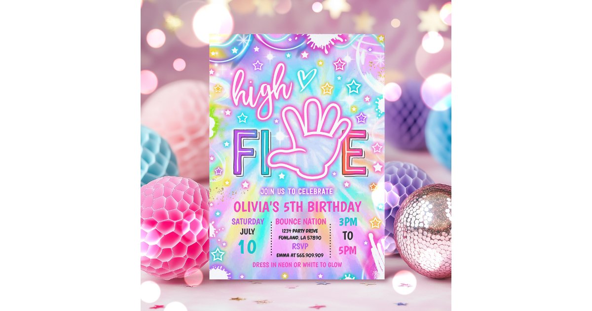 Neon Glow Tie Dye High Five 5th Birthday Party Invitation | Zazzle