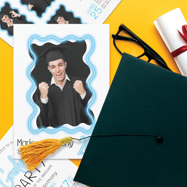 Neon Glow Wavy Border Photo Graduation Party Invitation | Zazzle