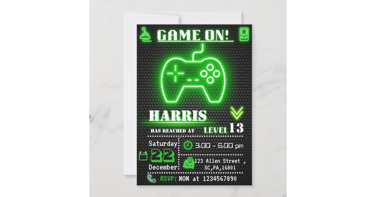 Neon Green Gamer Birthday Party Invitation | Zazzle