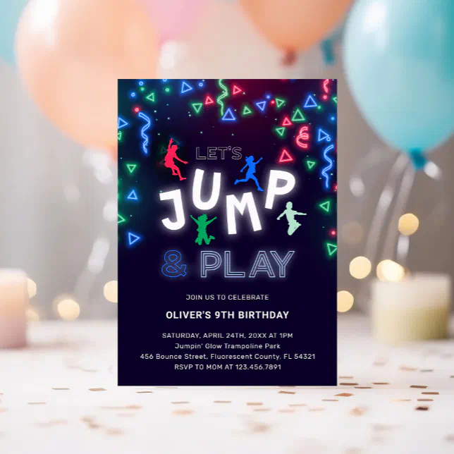 Neon Jump Trampoline Kids Birthday Party Invitation | Zazzle
