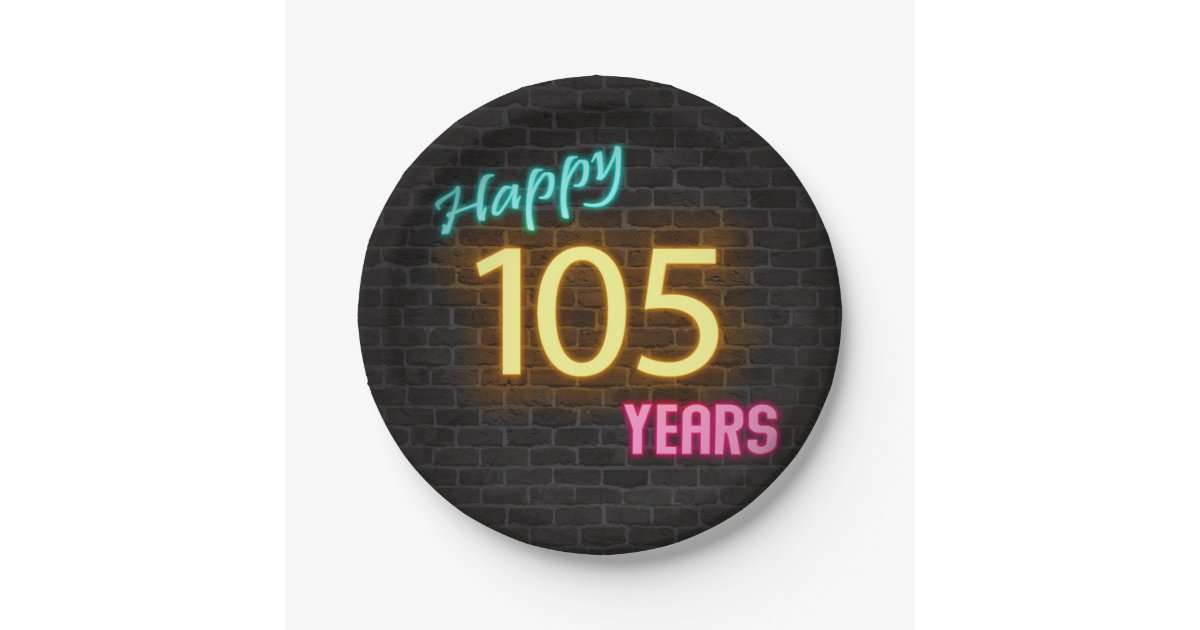 Neon number 105 sign on brick wall paper plate | Zazzle