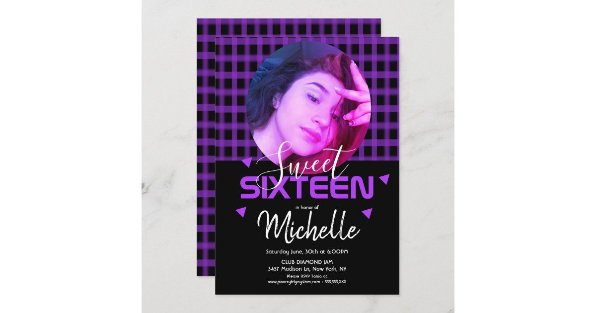 Neon Purple Sweet Sixteen Photo Grid Invitation | Zazzle