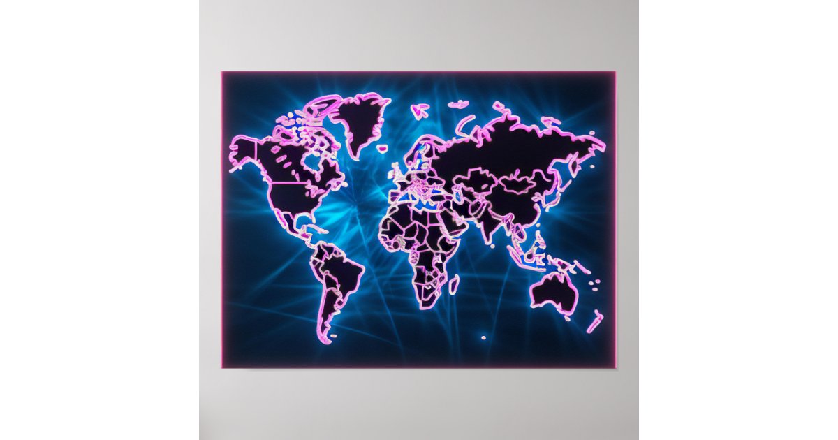 Neon World Map Poster | Zazzle