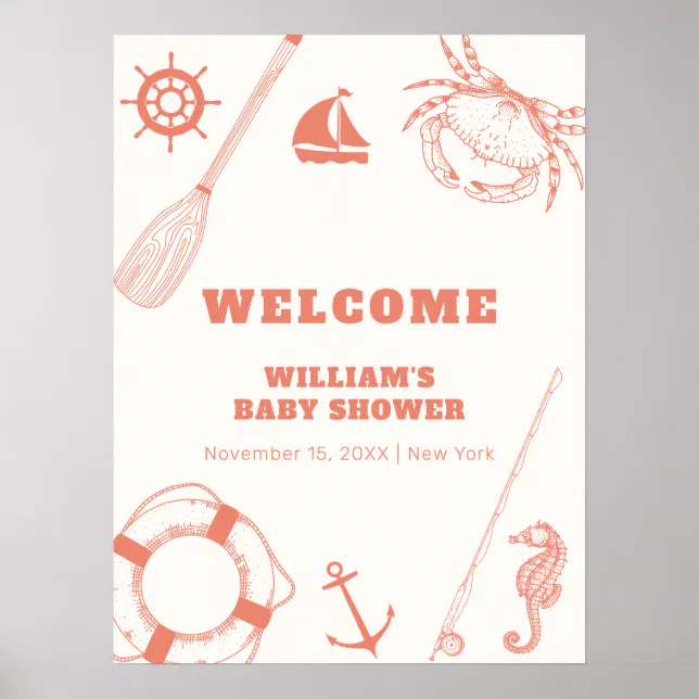 Neutral Nautical Fishing Boy Baby Shower Welcome Poster | Zazzle