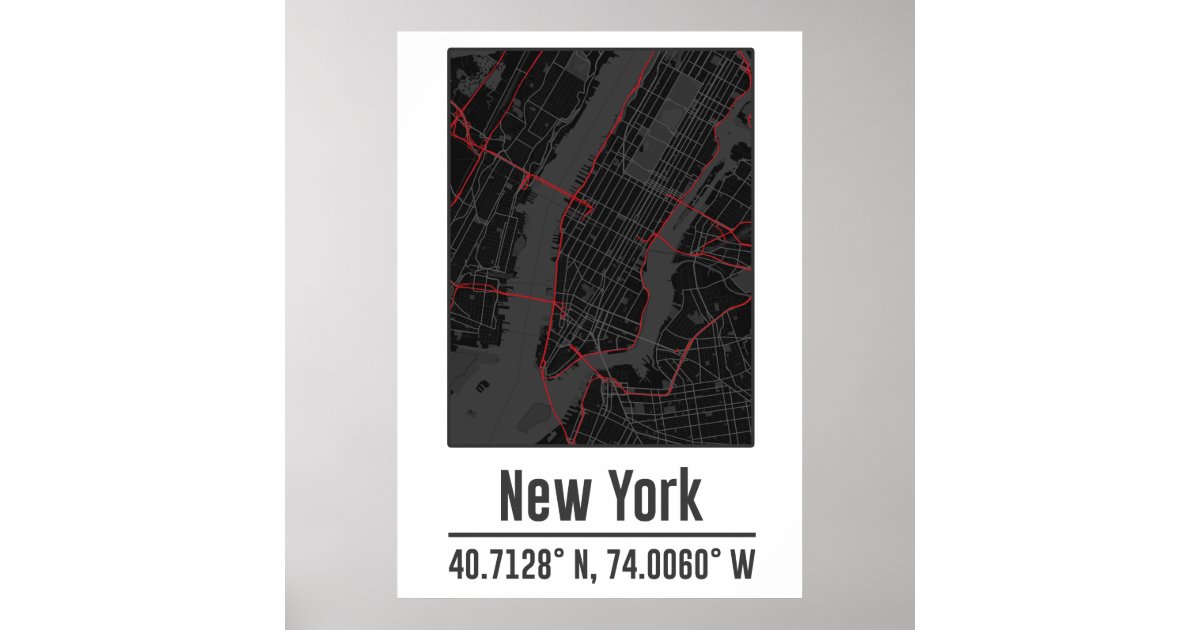 New York Minimalist city Map, RED AND BLACK New Yo Poster | Zazzle