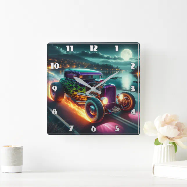 Night cruising in a classic hot rod square wall clock | Zazzle