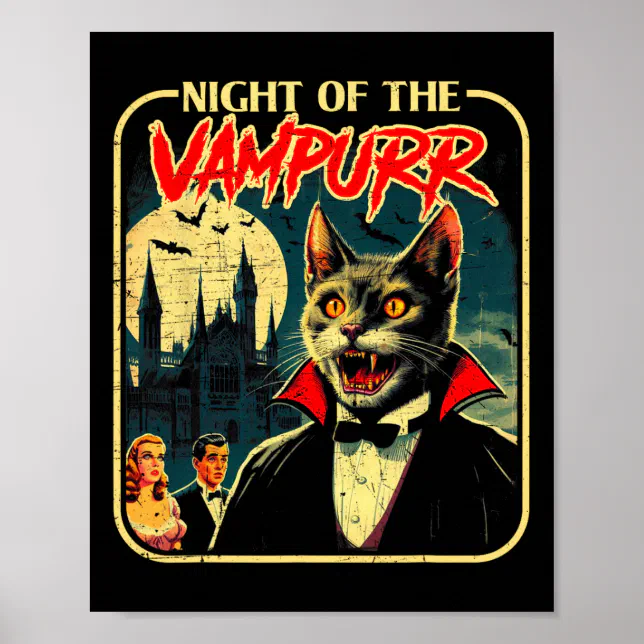 Night Of The Vampurr Funny Cat Halloween Poster | Zazzle
