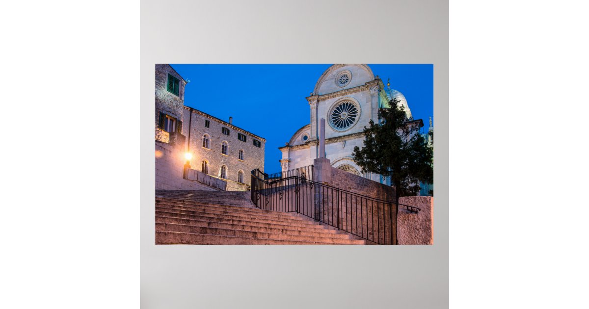 Night view of stairs and church in Split, Croatia Poster | Zazzle