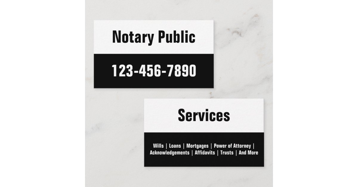 Notary Public Black & White Phone Number Template Business Card | Zazzle