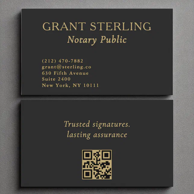 Notary Public Minimalist Black Gold QR Code Business Card | Zazzle