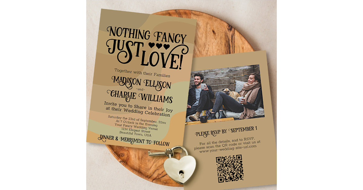 Nothing Fancy Just Love Tan QR Code Photo Wedding Invitation | Zazzle