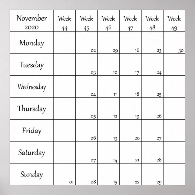 november 2020 planner calendar with week number poster | Zazzle