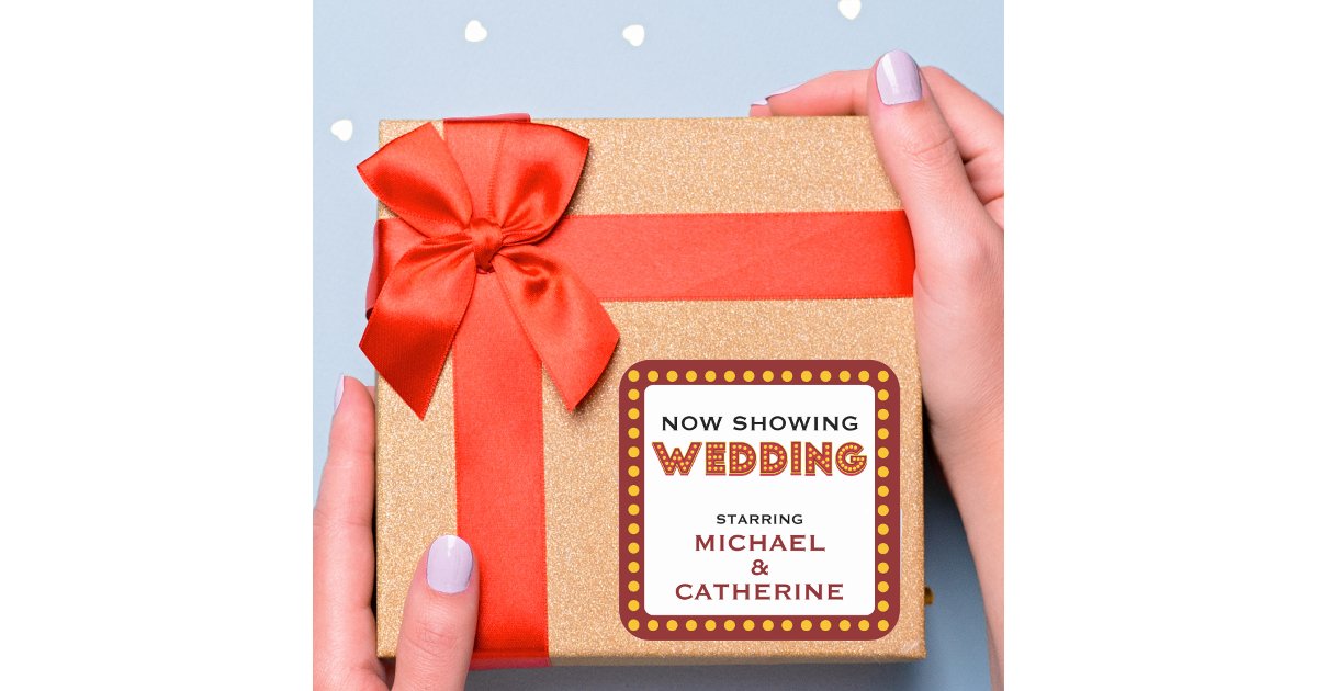 Now Showing Movie Marquee Wedding Sign with Names Square Sticker | Zazzle