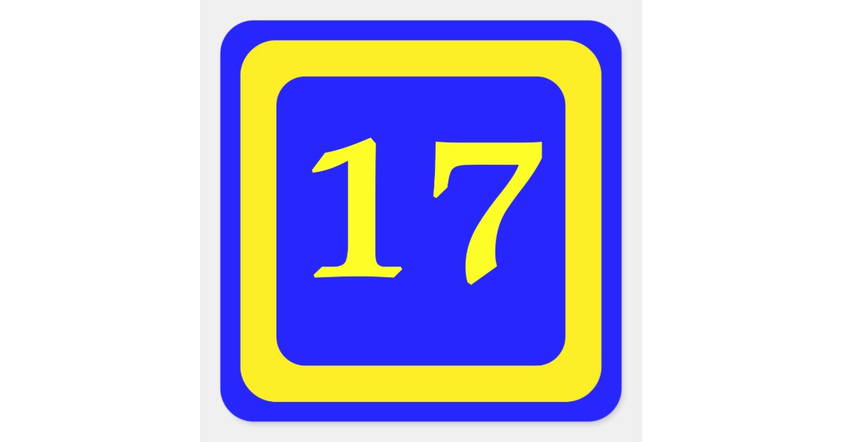 number 17, blue background, yellow frame square sticker | Zazzle