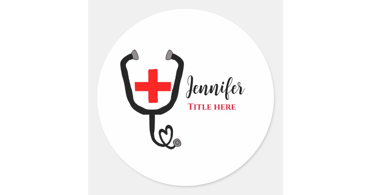 Nurse medical doctor red plus stethoscope add name classic round ...