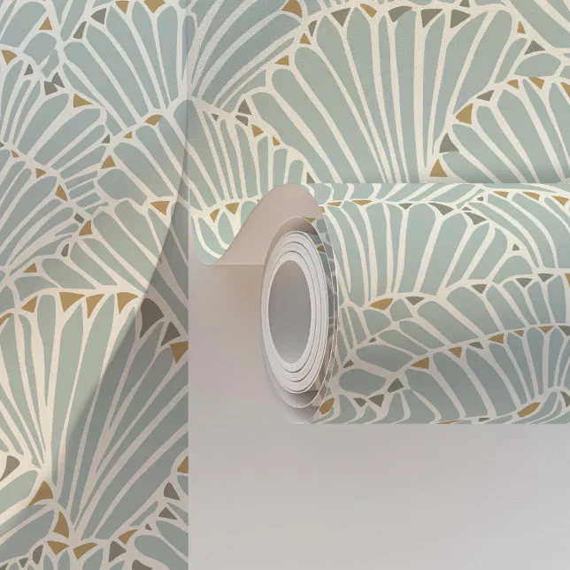 Ocean Shell Fan Art Deco in Soft Blue & Gold Wallpaper | Zazzle