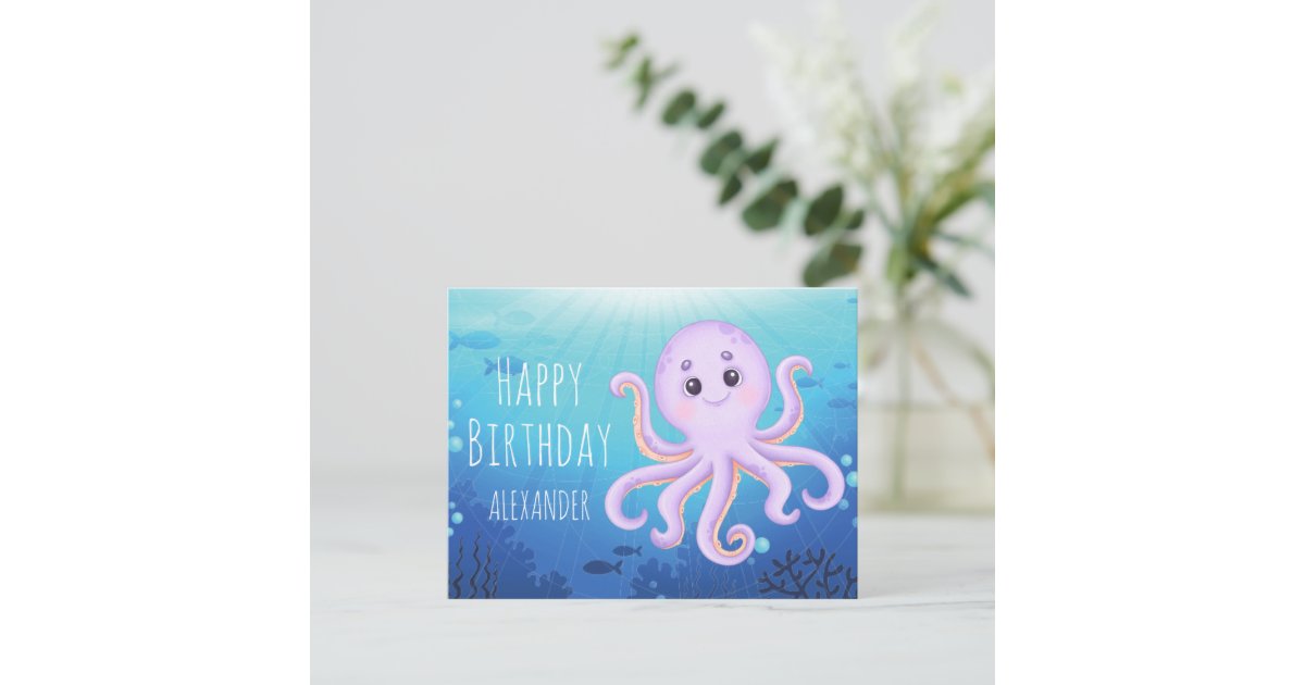 Ocean Underwater Cute Octopus Happy Birthday Postcard | Zazzle