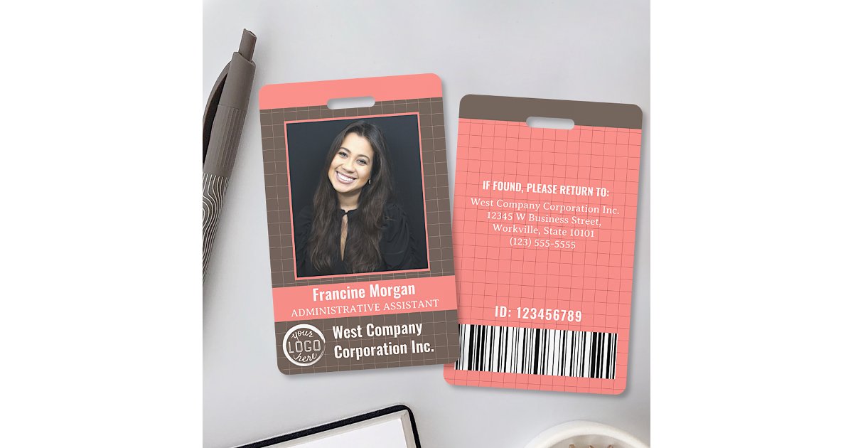 Office Employee Custom Photo Company Logo Bar Code ID Badge | Zazzle