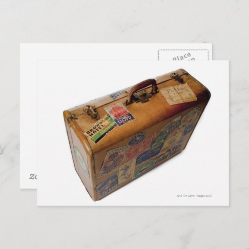 old fashioned suitcase with travel stickers postcard | Zazzle