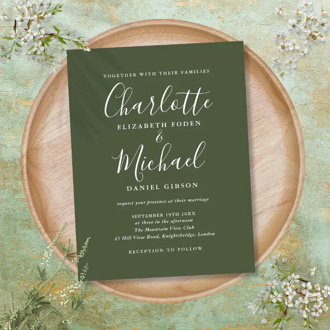 Olive Green Signature Script Wedding Invitation Postcard | Zazzle