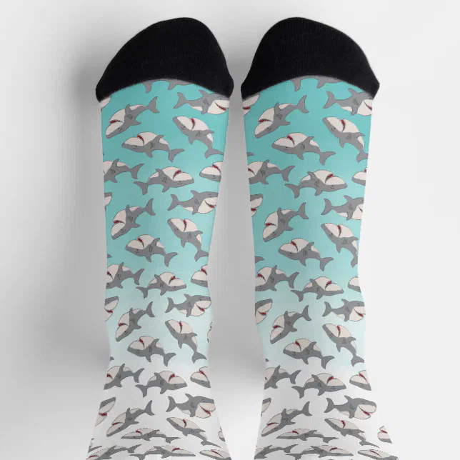 Ombre Blue Cute Cartoon Shark Week Pattern Socks | Zazzle