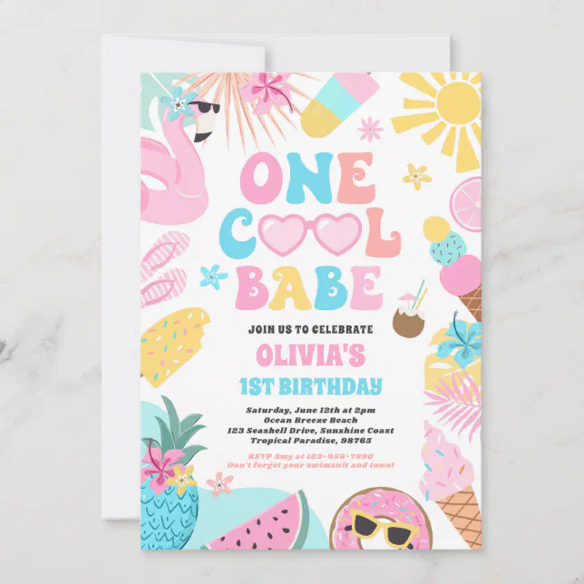 One Cool Babe Tropical Summer 1st Birthday Party Invitation | Zazzle