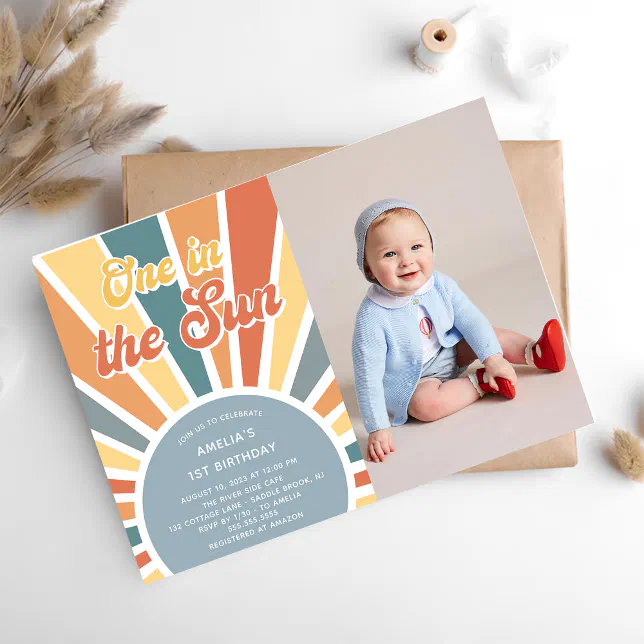 One In The Sun 1st Birthday Rainbow Party Photo Invitation | Zazzle