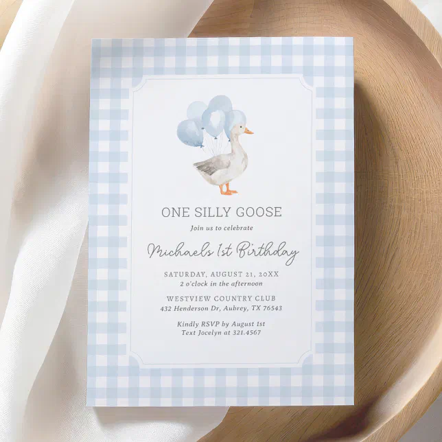 One Silly Goose Blue Gingham 1st Birthday Invitation | Zazzle