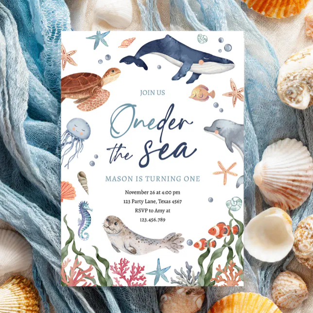 Oneder the Sea Nautical Ocean 1st First Birthday Invitation | Zazzle