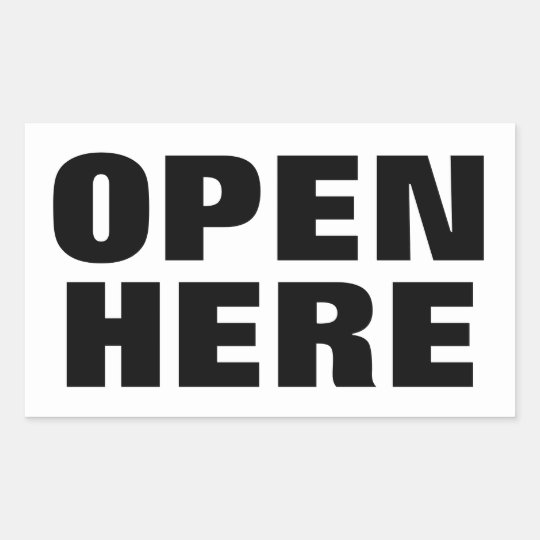 OPEN HERE RECTANGULAR STICKER | Zazzle.co.uk