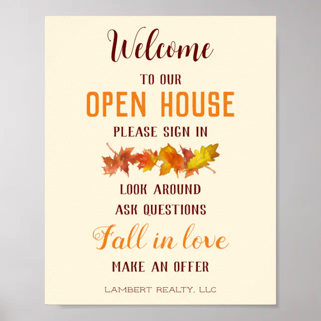 Open House Real Estate Poster Fall Leaves | Zazzle