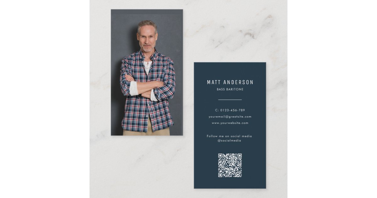 Opera Singer Modern Photo QR Code Navy Blue Business Card | Zazzle