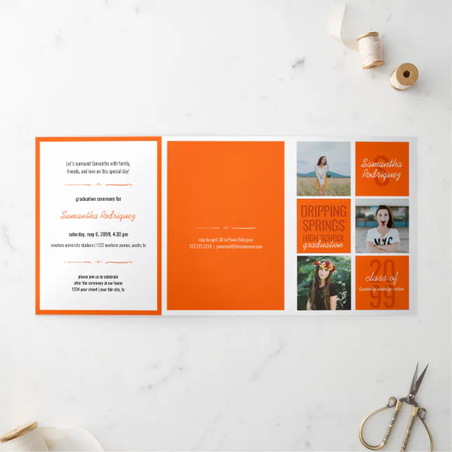 Orange 5-Photo Fun Boxes Graduation Tri-Fold Invitation | Zazzle