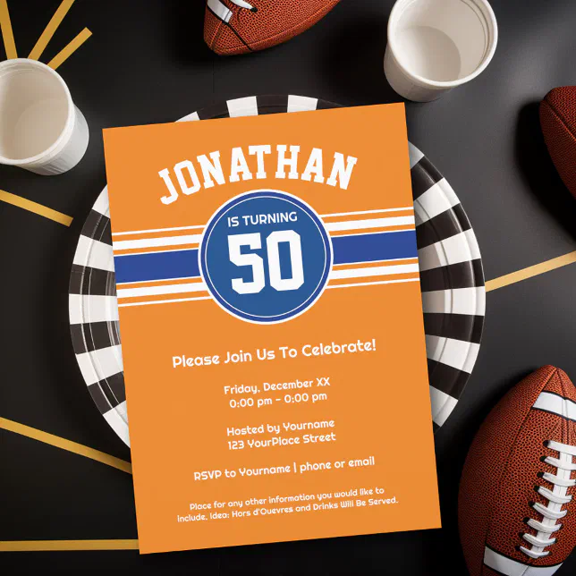 Orange Blue Sports Jersey Birthday party Invitation | Zazzle