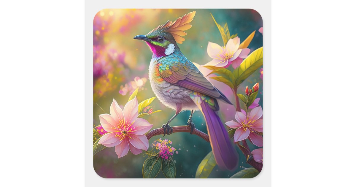 Orange Crested Rainbow Jay Fantasy Bird Square Sticker | Zazzle