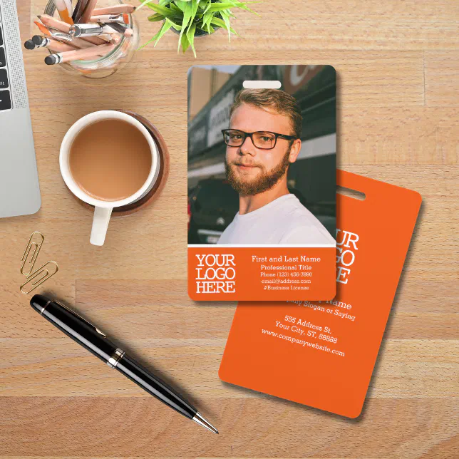 Orange Modern Company Logo Employee Photo ID Badge | Zazzle