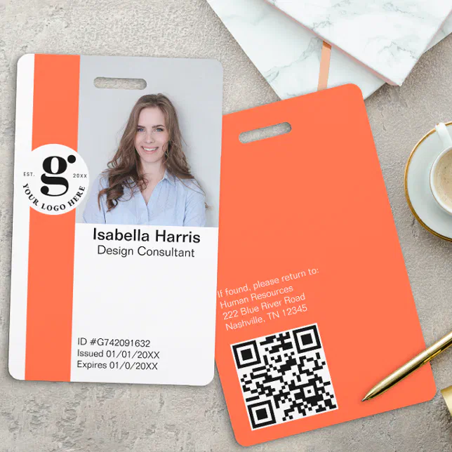 Orange Photo ID Badge with QR Code | Zazzle