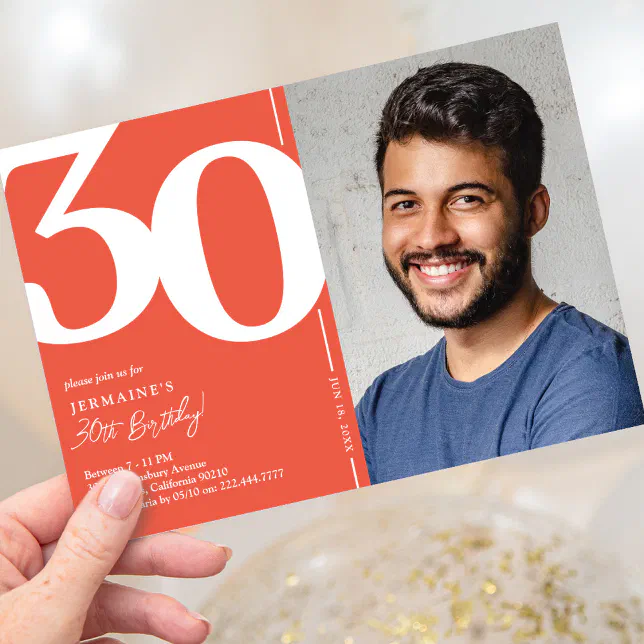 Orange Red Photo 30th Birthday Party Invitation | Zazzle