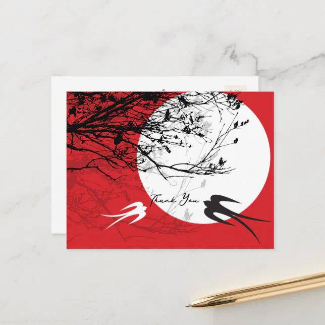 Oriental Swallows in Moonlight Asian Zen Thank You Postcard | Zazzle